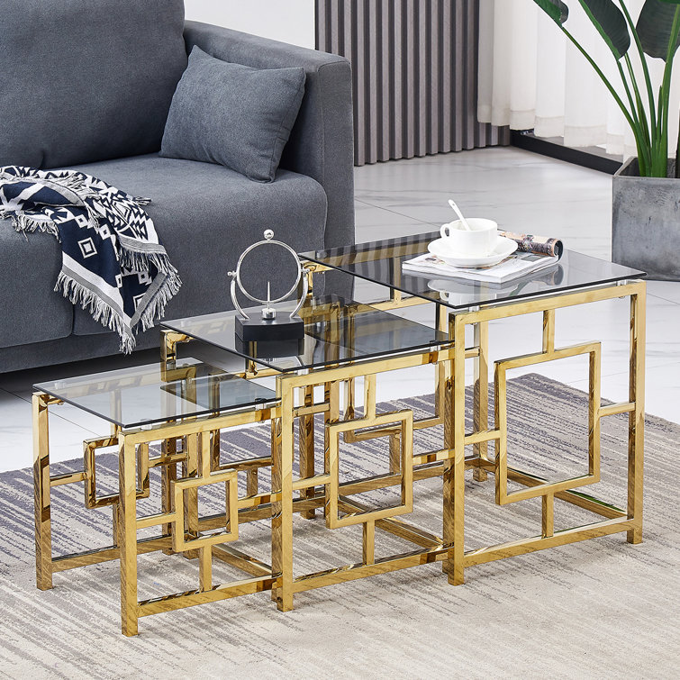3 Piece Stainless Steel Nest Of Tables With Tempered Glass Top For Living Room Grid